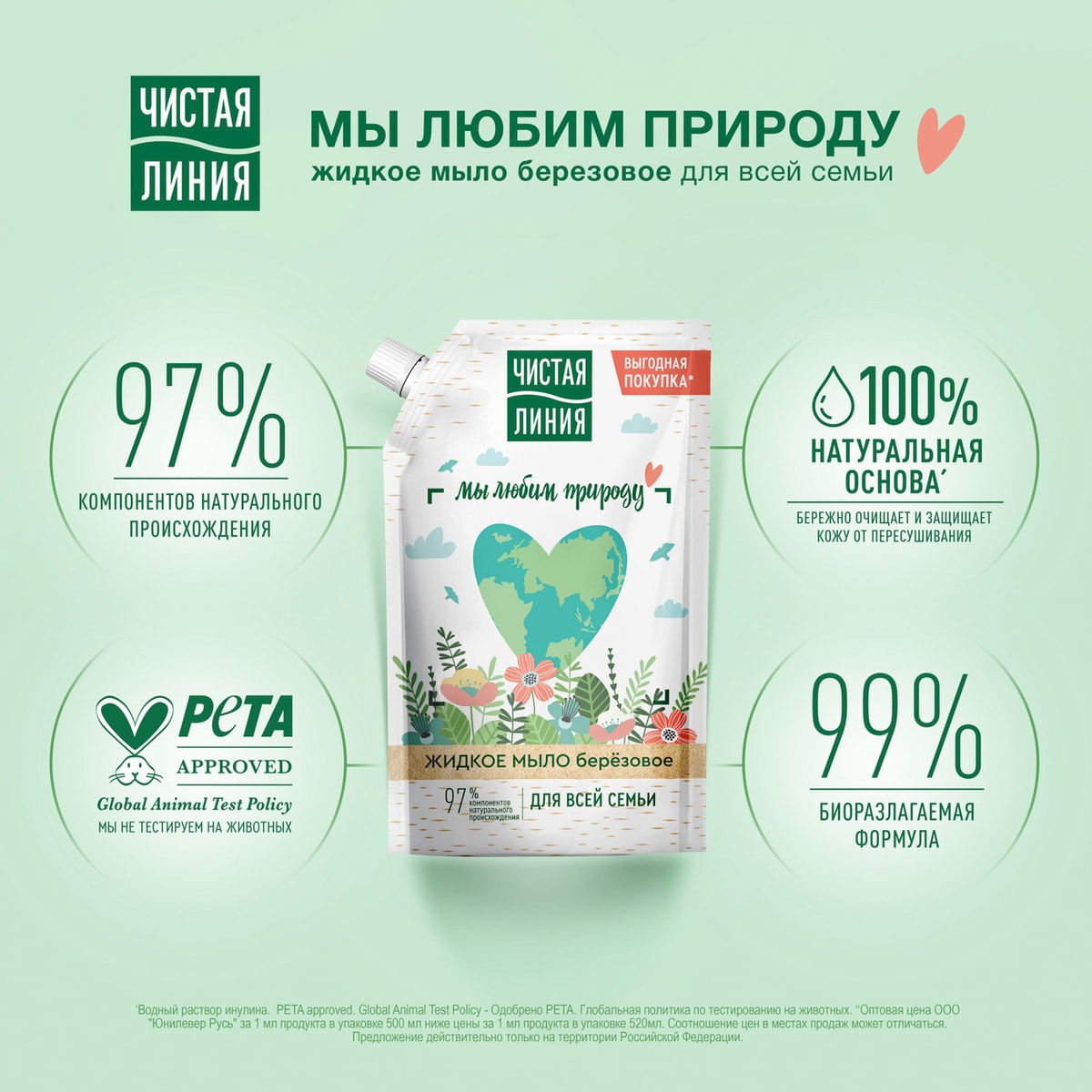Мыло жидкое Чистая Линия Березовое на 100% натуральной основе для всей ...
